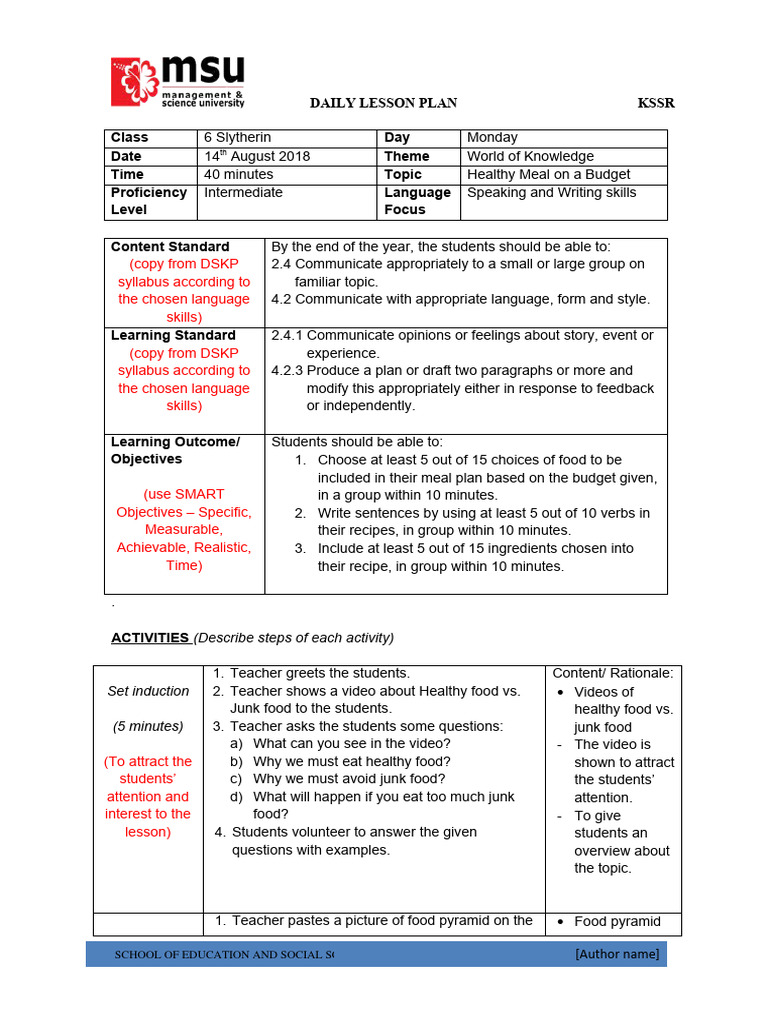 Example LESSON PLAN KSSR | PDF | Communication | Lesson Plan