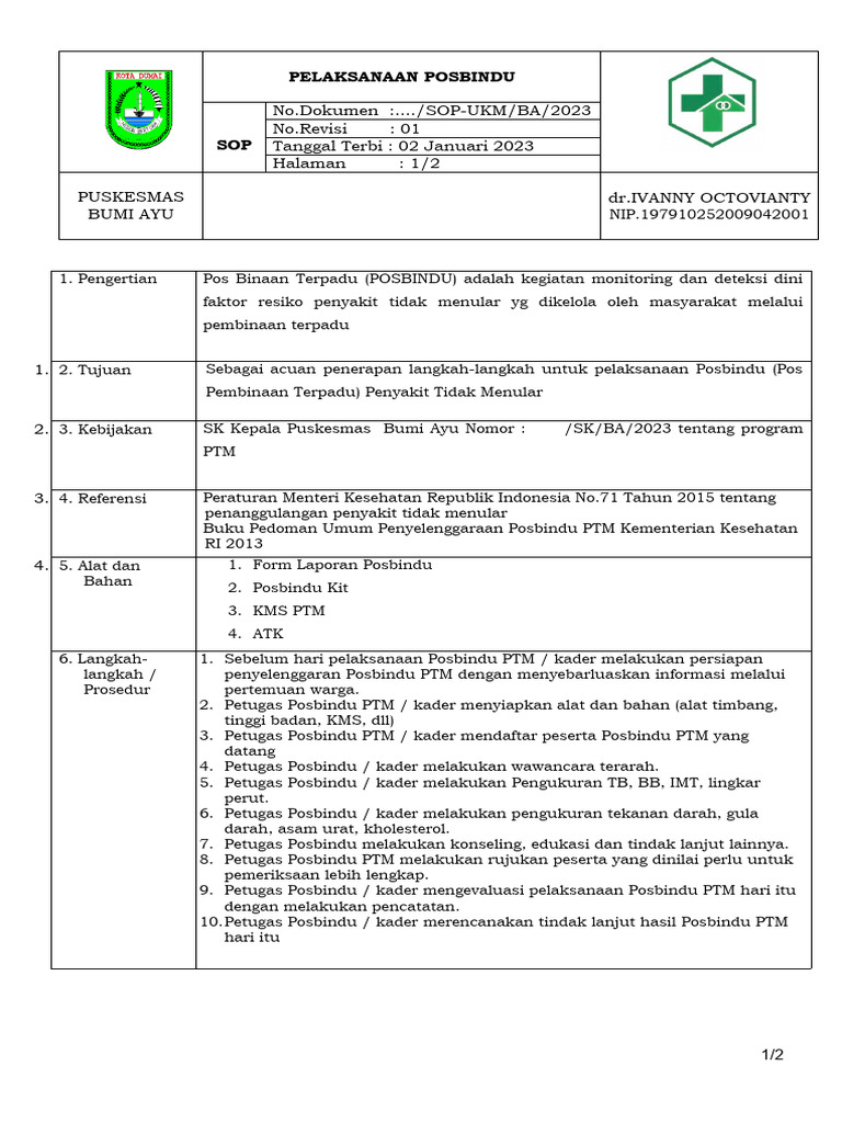 2.6.5.b 4. SOP PTM POSBINDU PUSKESMAS BUMI AYU 2023 | PDF