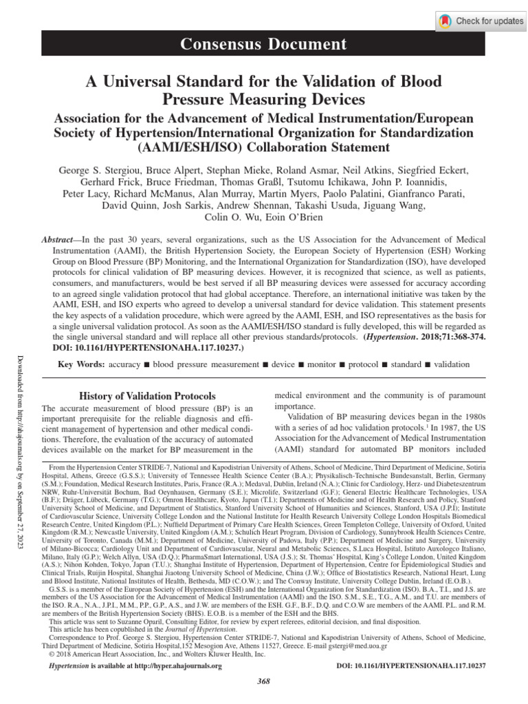 Stergiou Et Al 2018 A Universal Standard For The Validation of Blood ...