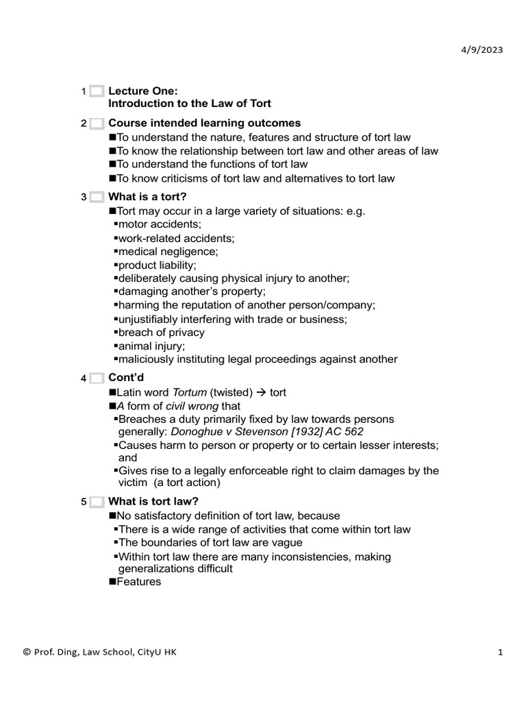 Lecture One: Introduction To The Law of Tort Course Intended Learning Outcomes | PDF