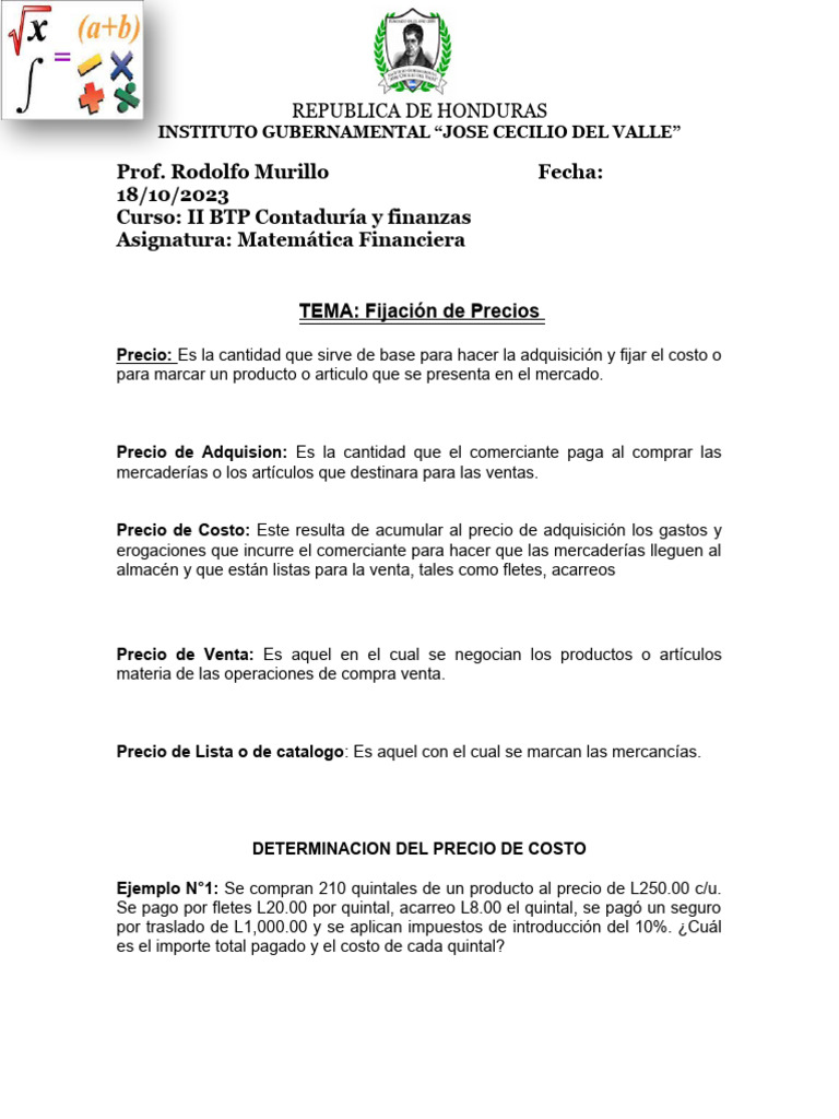 Matematica Financiera Fijacion de Precios Prof - Rodolfo Murillo | PDF ...