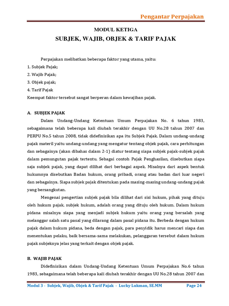 Modul 3 - Subjek, Wajib, Objek Tarif Pajak | PDF