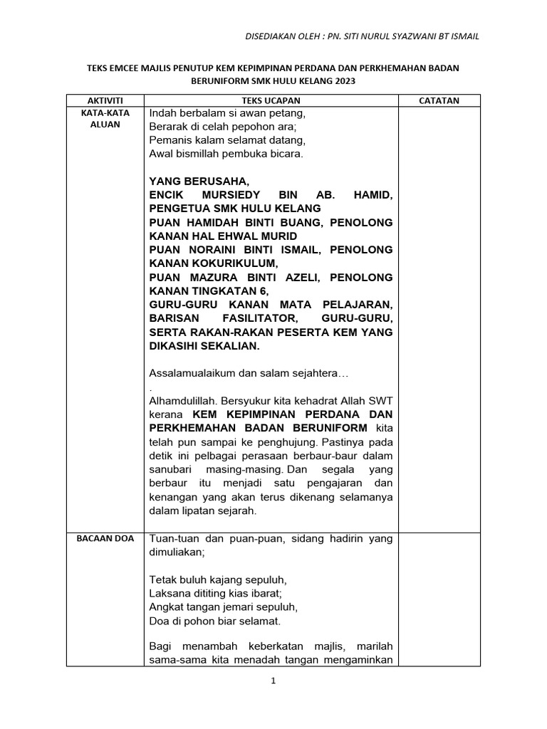 Teks Emcee Majlis Penutup Kem Kepimpinan Perdana Dan Perkhemahan Badan ...