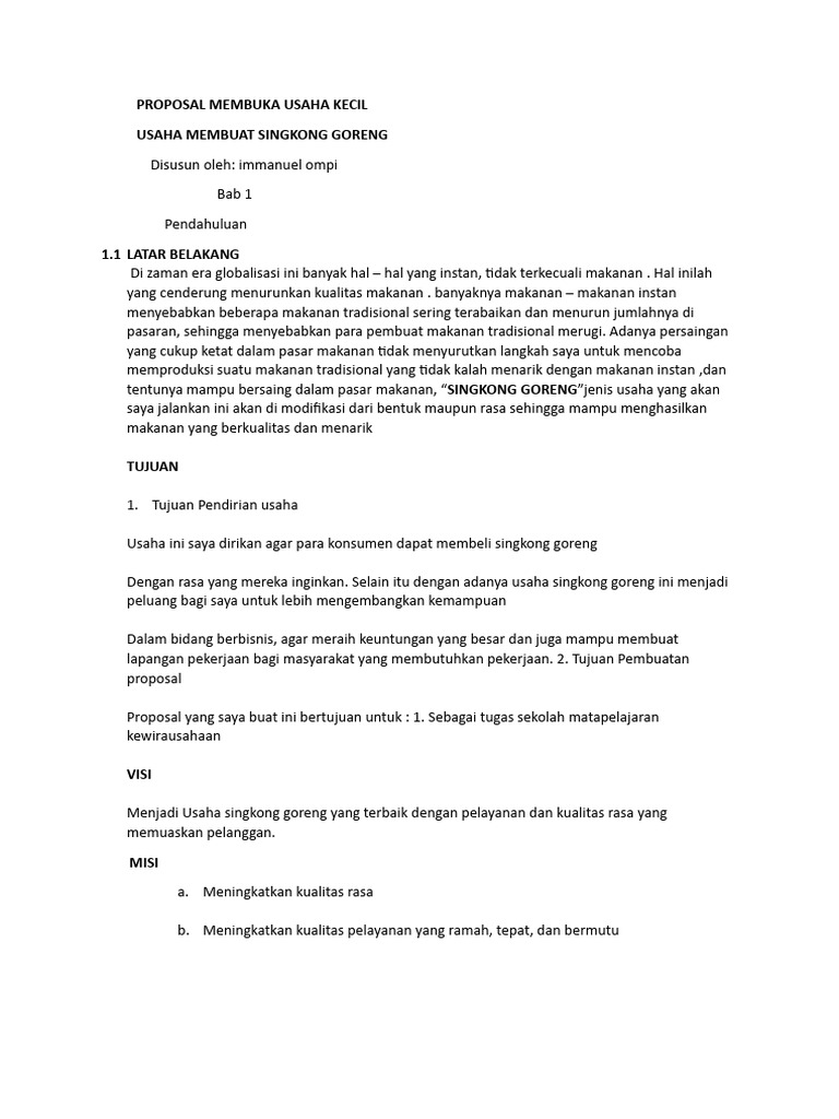Tugas Proposal Usaha Singkong Gorengan Dari Immanuel Ompi | PDF ...