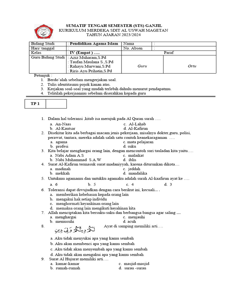 Soal STS Pai Kelas 4 Ganjil 2023 | PDF