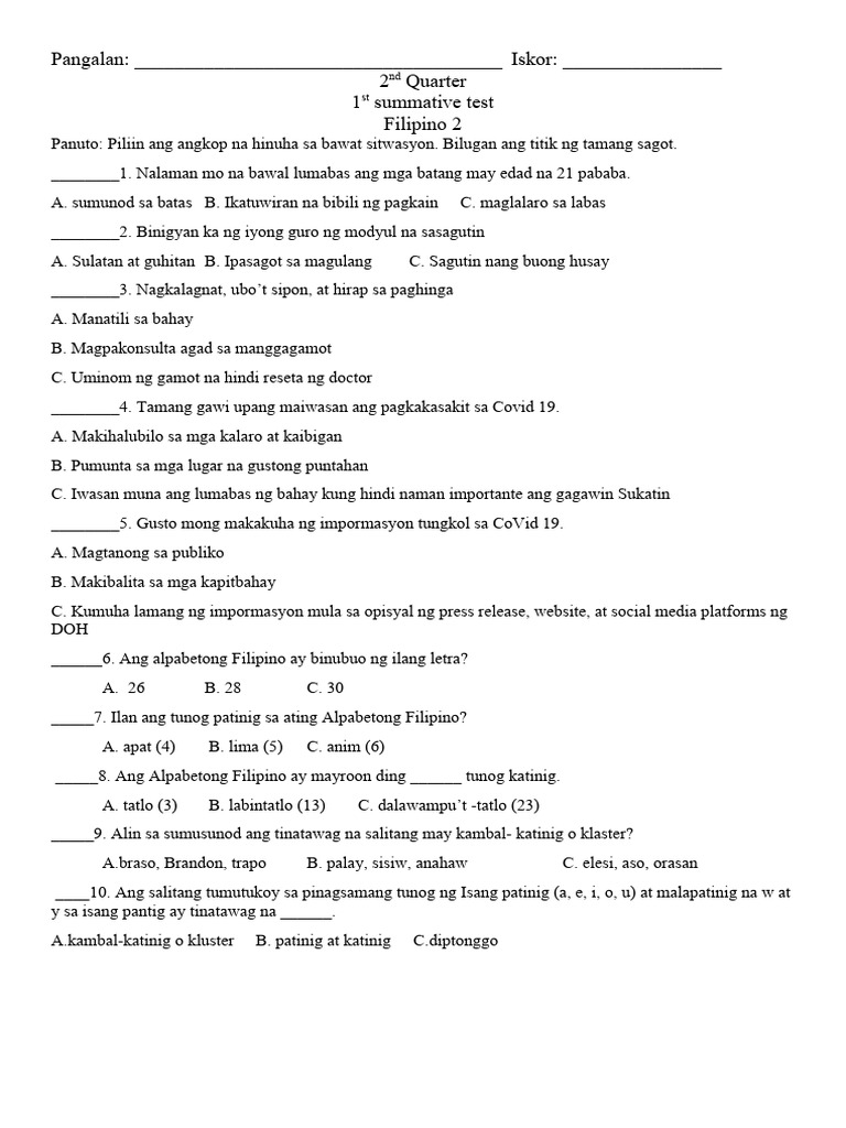 Summative Fil Q2 | PDF | Wellness