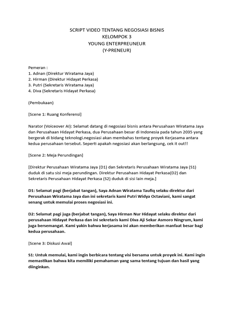 Script Video Kelompok 3 Tentang Negosiasi Bisnis Revisi | PDF