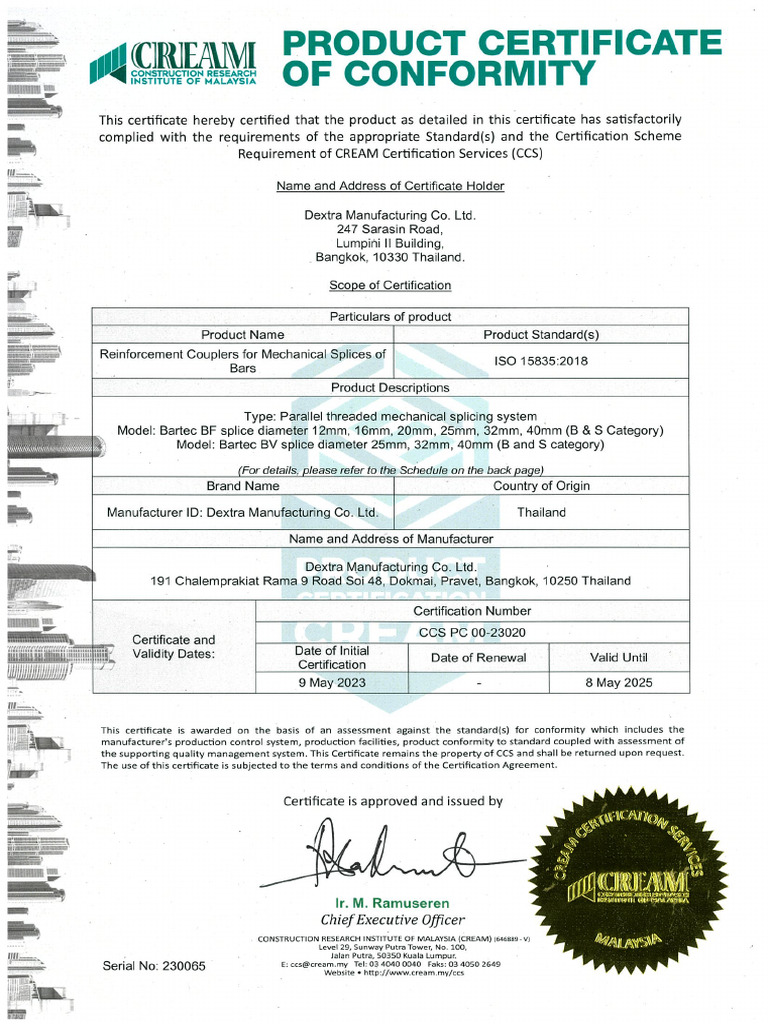 Product Bartec BV - Malaysia - CREAM ISO15835-2018 - No - CCS PC 00-23020 Product Certificate of ...