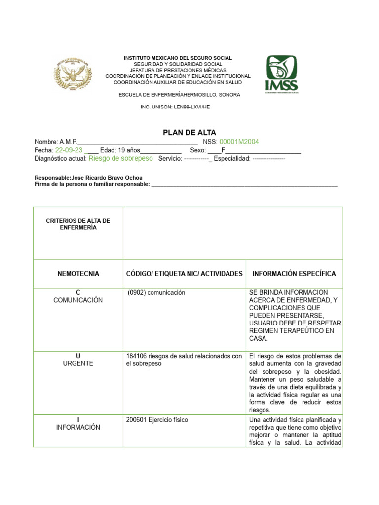 Plan de Alta | PDF | Obesidad | Dieta