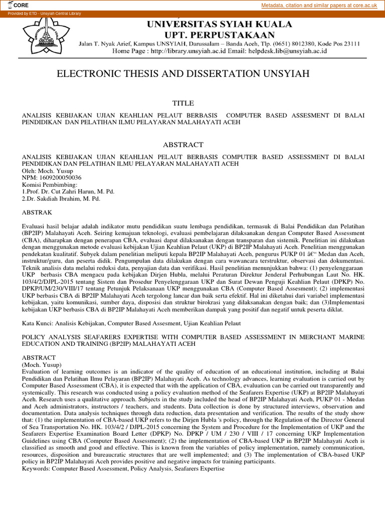 Electronic Thesis and Dissertation Unsyiah: Title | PDF
