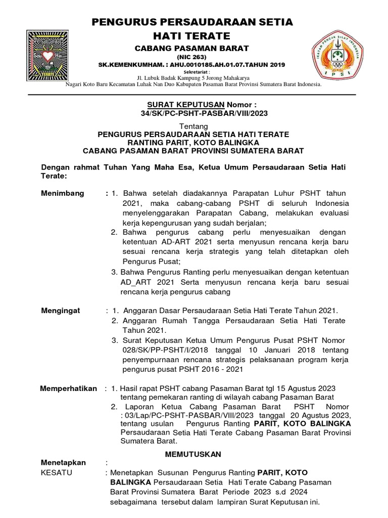SK Pengurus PSHT Ranting PARIT, KOTO BALINGKA 2023 | PDF