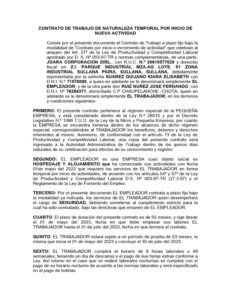Contrato de Trabajo de Naturaleza Temporal Por Inicio de Nueva Actividad | PDF | Negocios ...