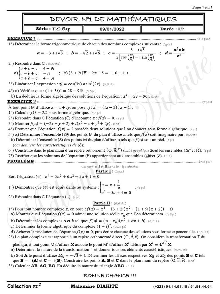 DEVOIR N°1 MATHS TSExp 022 | PDF
