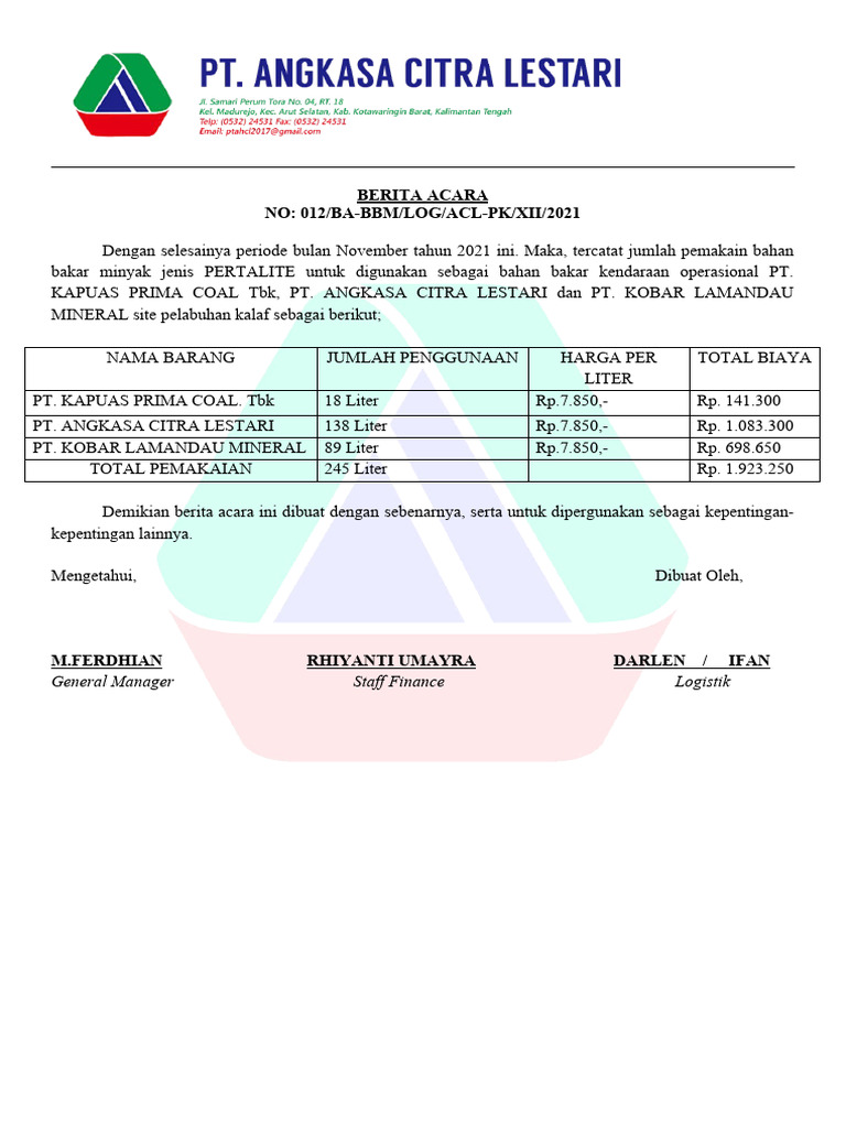 Berita Acara Laporan BBM Pertalit 2021 | PDF