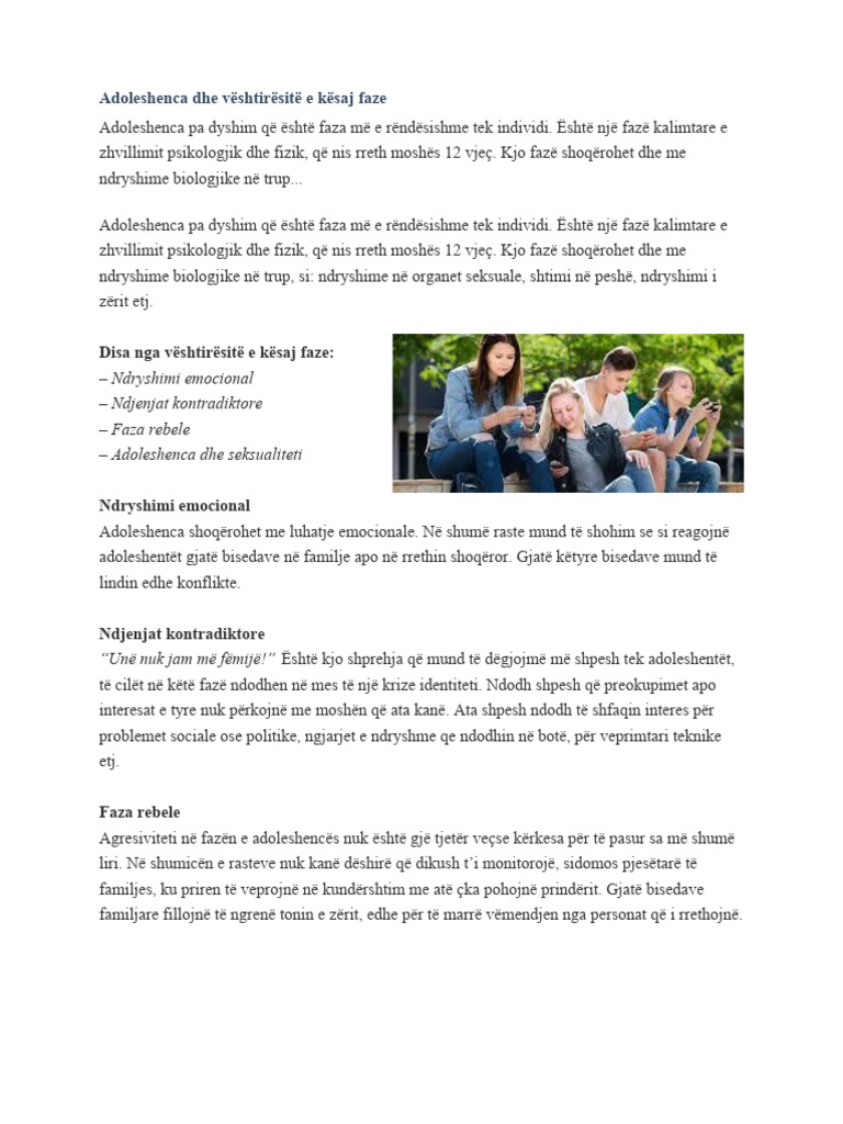 Adoleshenca Dhe Vështirësitë e Kësaj Faze | PDF
