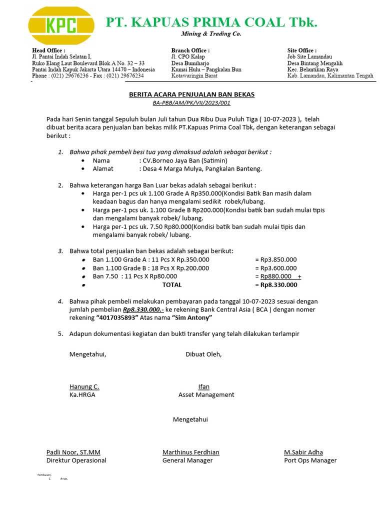 BAP Penjualan Ban Bekas KPC | PDF