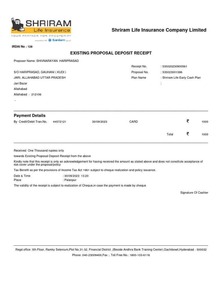 Shriram Life Insurance Company Limited: Existing Proposal Deposit ...