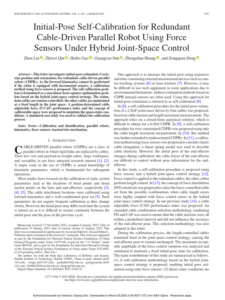Initial-Pose Self-Calibration For Redundant Cable-Driven Parallel Robot Using Force Sensors ...