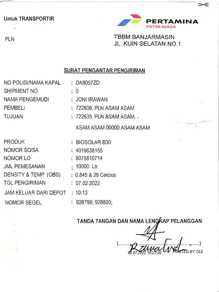 Surat Pengantar Pengiriman BBM | PDF