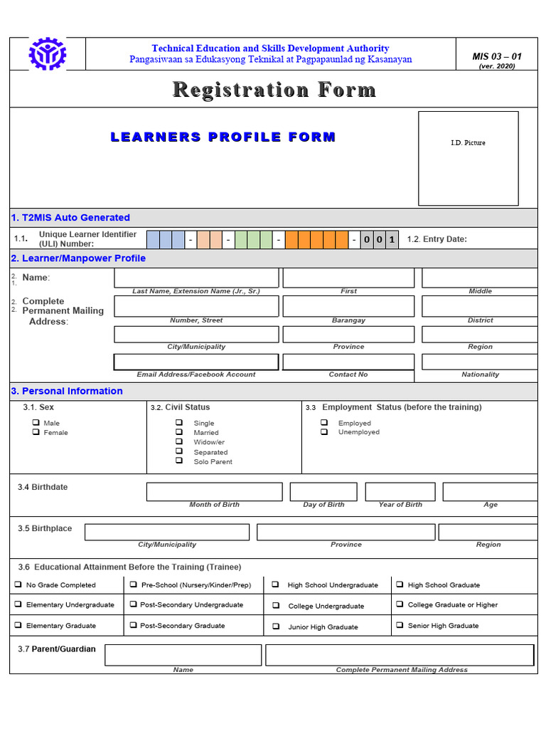 Learner's Profile Registration Form (MIS 03-01) | PDF