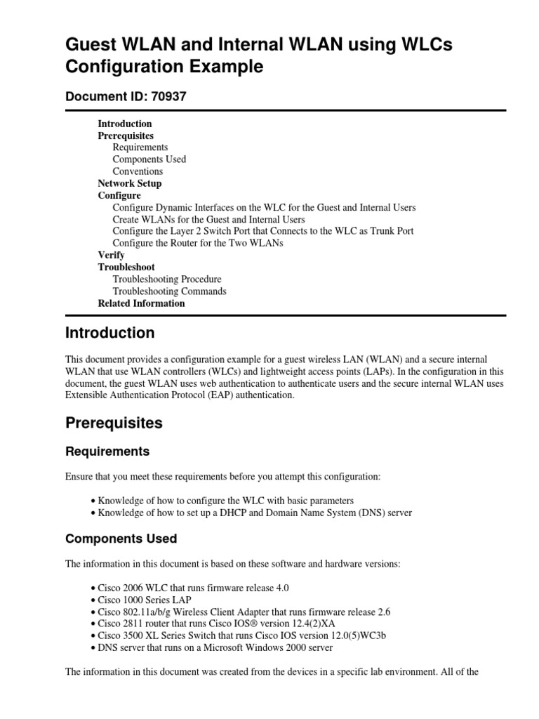 Guest Wlan and Internal Wlan Using Wlcs Configuration Example | PDF ...