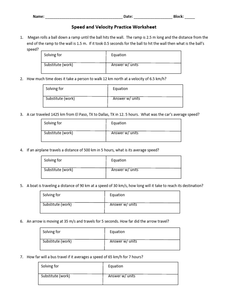 Speed And Velocity Worksheet 1 Pdf