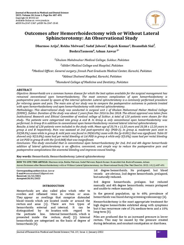 Outcomes After Hemorrhoidectomy With or Without Lateral Sphincterotomy ...