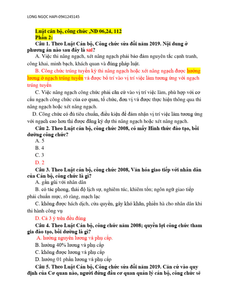 Bộ câu hỏi luật CBCC-NĐ 2- đáp án | PDF