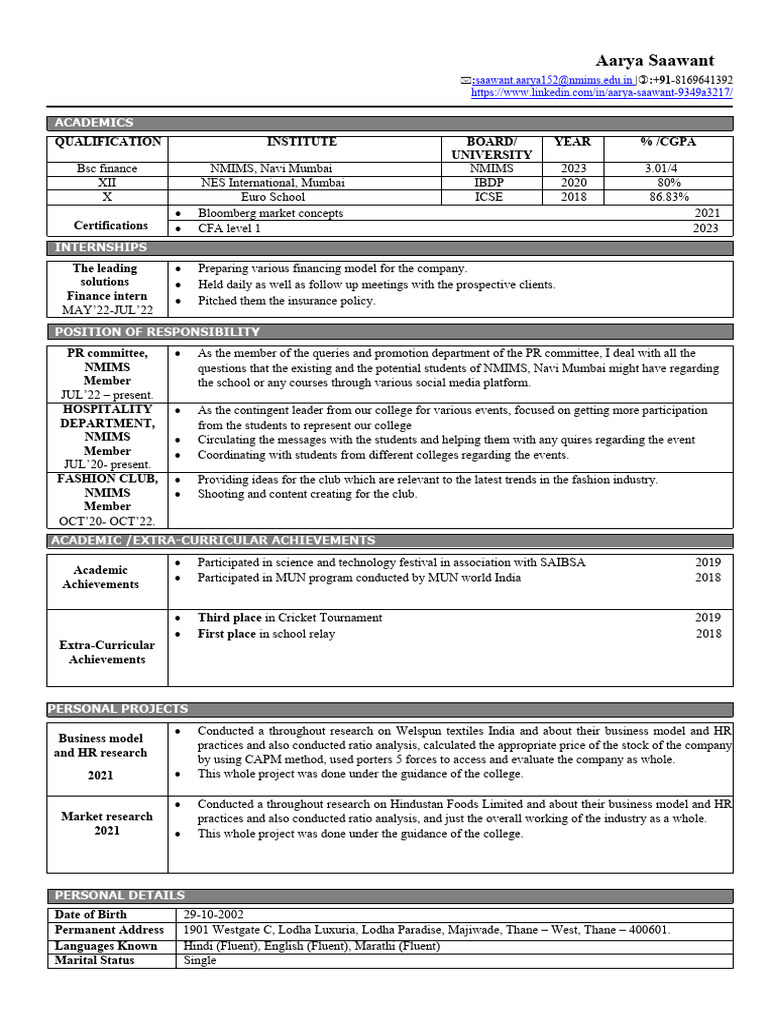 Cv Aarya Pdf