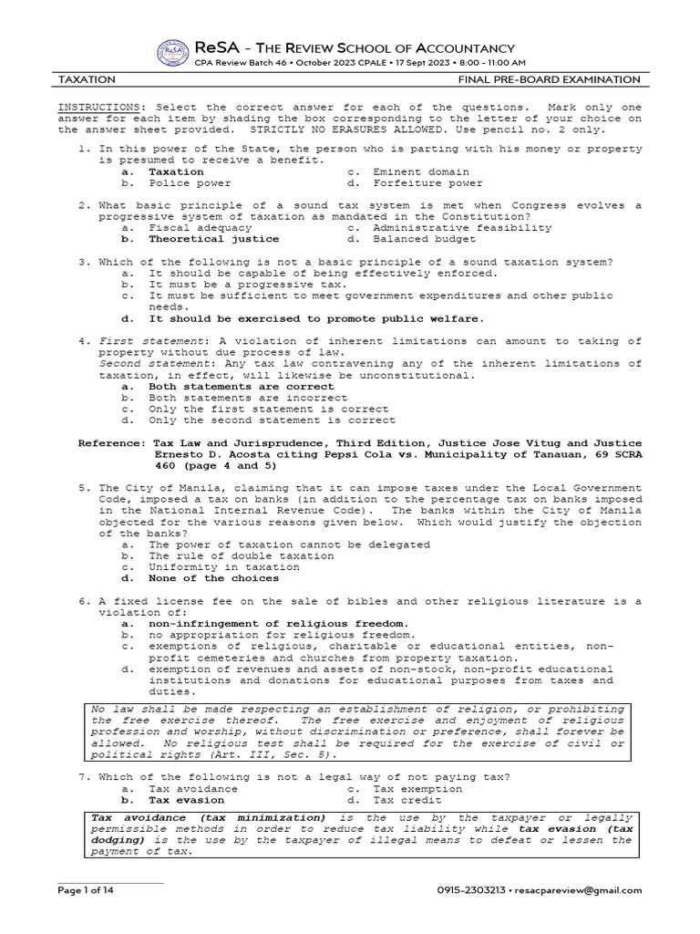 ReSA B46 TAX Final PB Exam Questions Answers Solutions | PDF