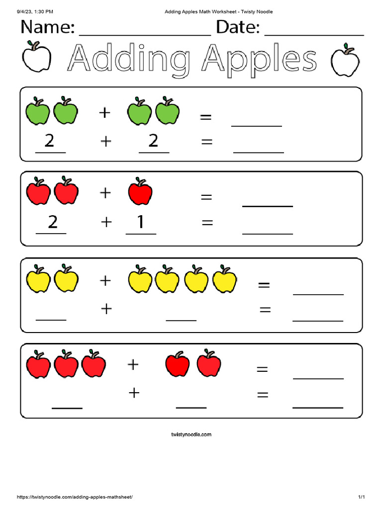 Adding Apples Math Worksheet - Twisty Noodle | PDF