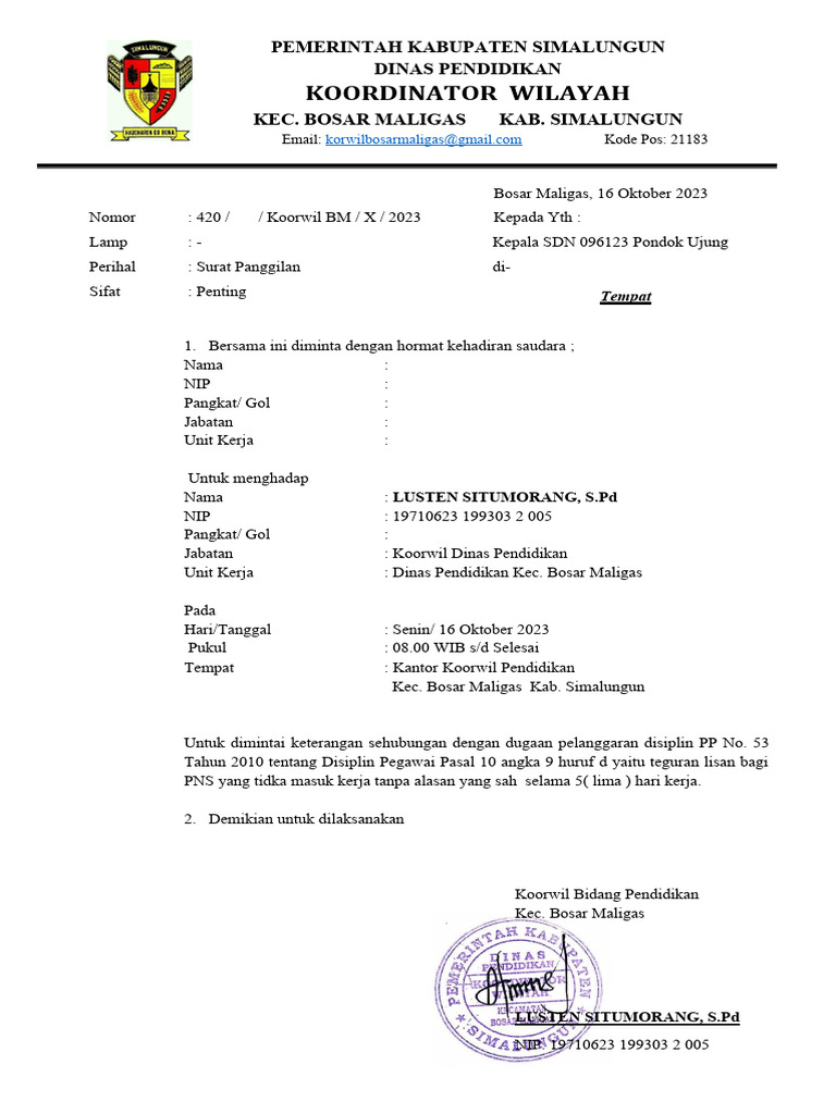 SURAT PANGGILAN ASN YANG TIDAK MASUK KERJA | PDF