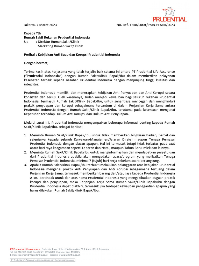 Kebijakan Anti Suap Dan Korupsi Prudential Indonesia (RS Rekanan PMN) | PDF