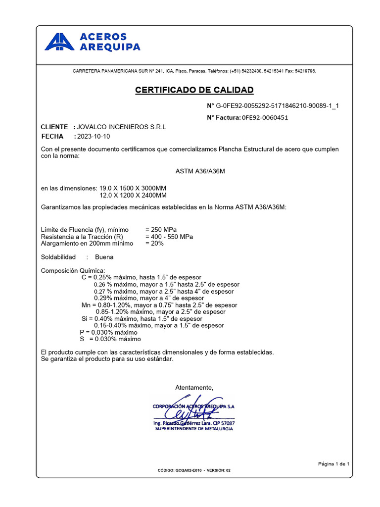 Certificado de Calidad - Aceros Arequipa - Planchas Estructurales | PDF