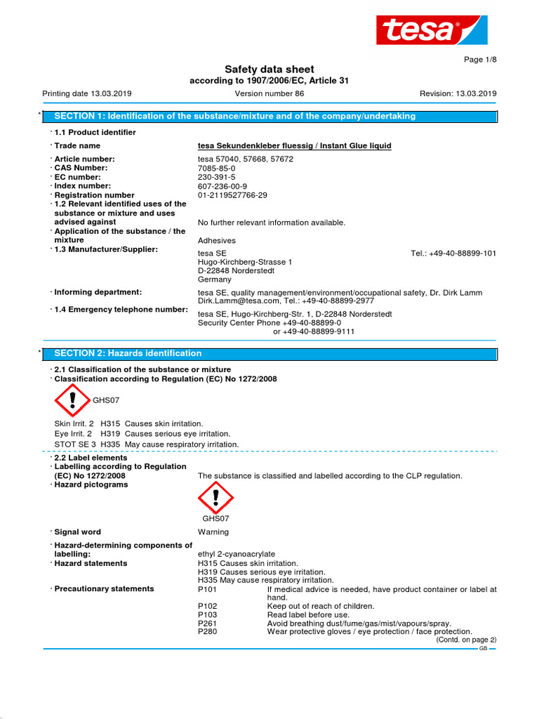 Msds Tesa 57040 | PDF | Occupational Safety And Health | Safety