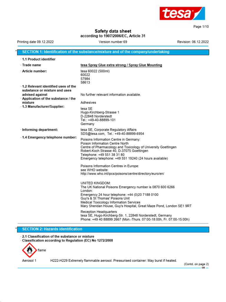 Msds Tesa 60022 Spray Glue Extra Strong | PDF