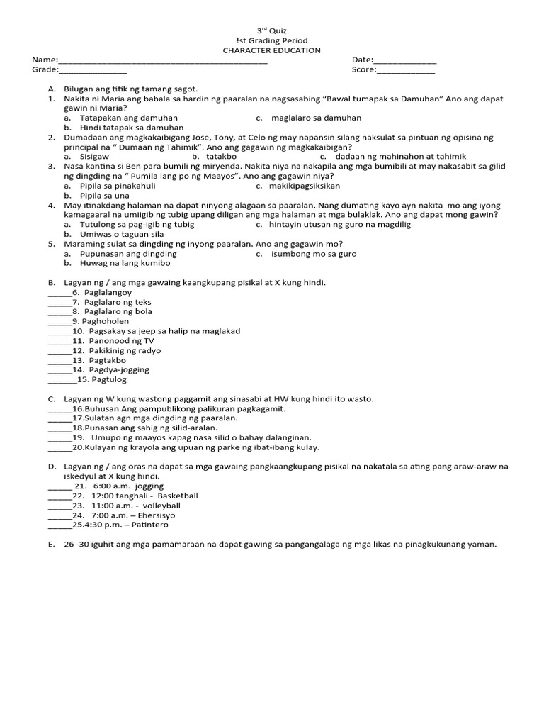3rd Quiz 1st Grading Grade 6 | PDF