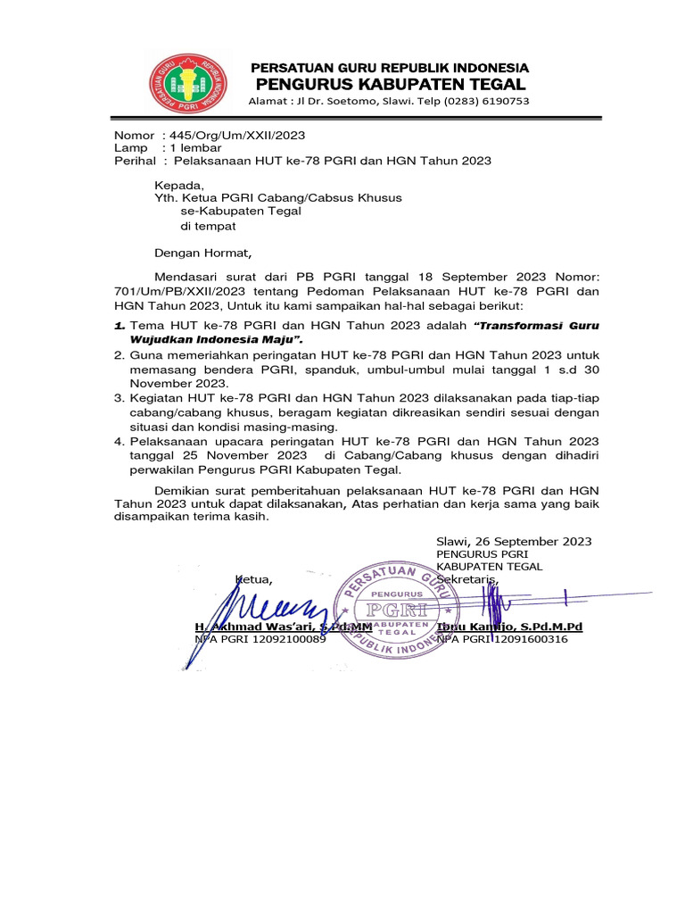 HUT ke-78 PGRI dan HGN 2023 Tegal | PDF
