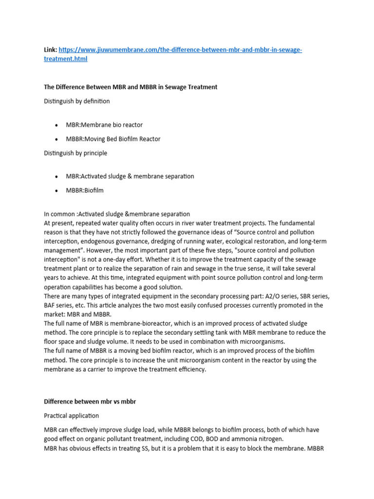 MBR vs MBBR: Sewage Treatment Differences | PDF
