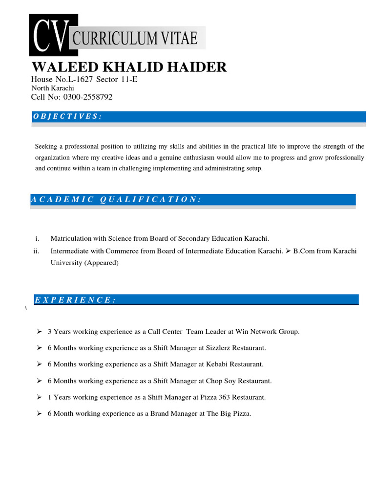 Waleed Khalid Haider 1 (Resume) PDF | PDF