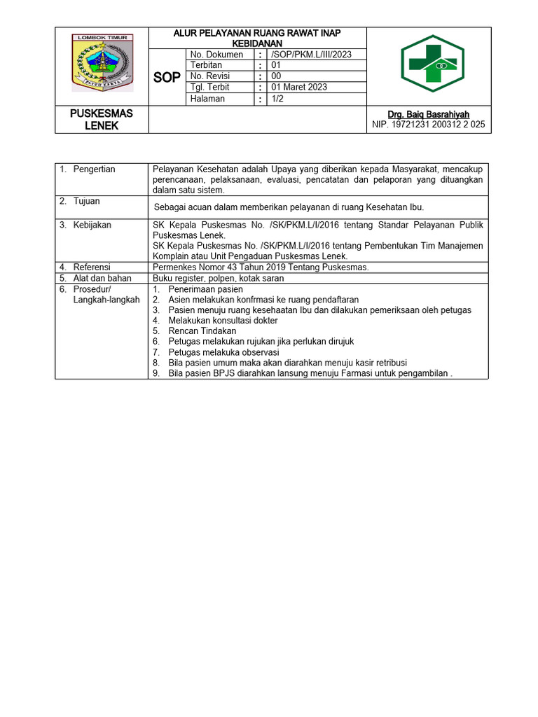 SOP Layanan Inap Kebidanan | PDF | Pengelolaan Keuangan & Uang | Hukum