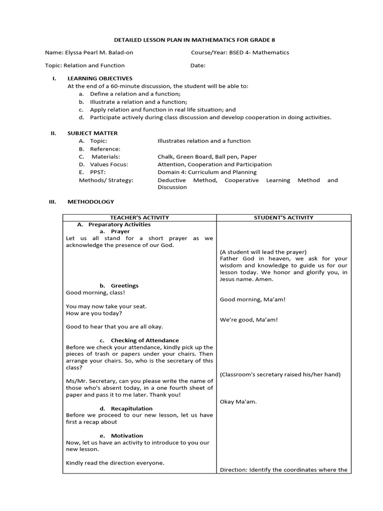Detailed Lesson Plan in Mathematics For GR 8 | PDF