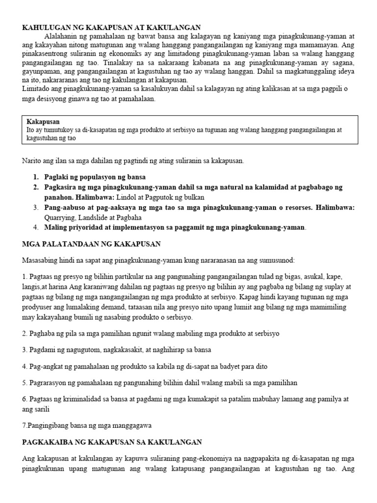 Kahulugan NG Kakapusan at Kakulangan | PDF