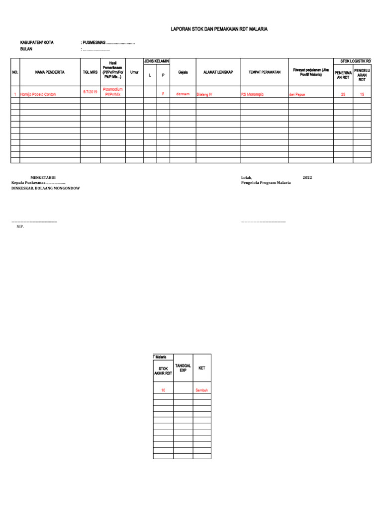 Format Laporan Pemakaian RDT Malaria | PDF