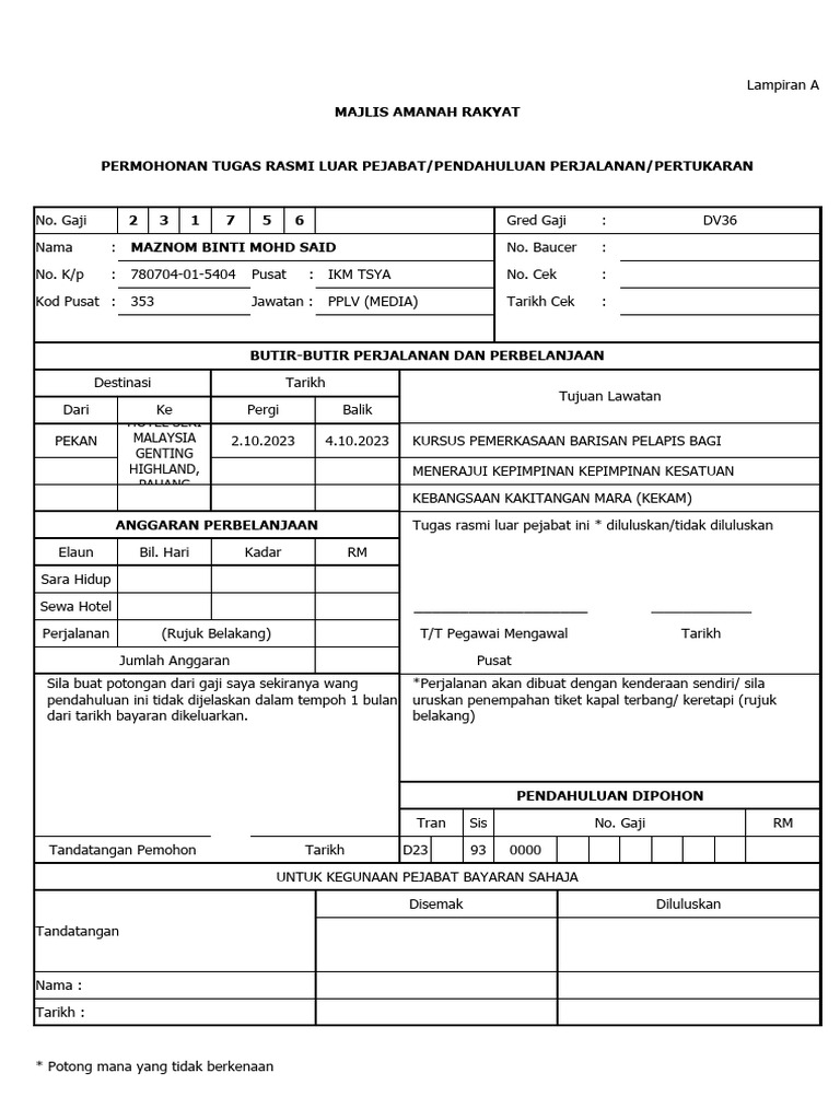 Borang Tugas Rasmi Maznom | PDF