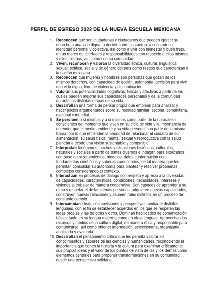 Perfil de Egreso 2022 de La Nueva Escuela Mexicana | PDF