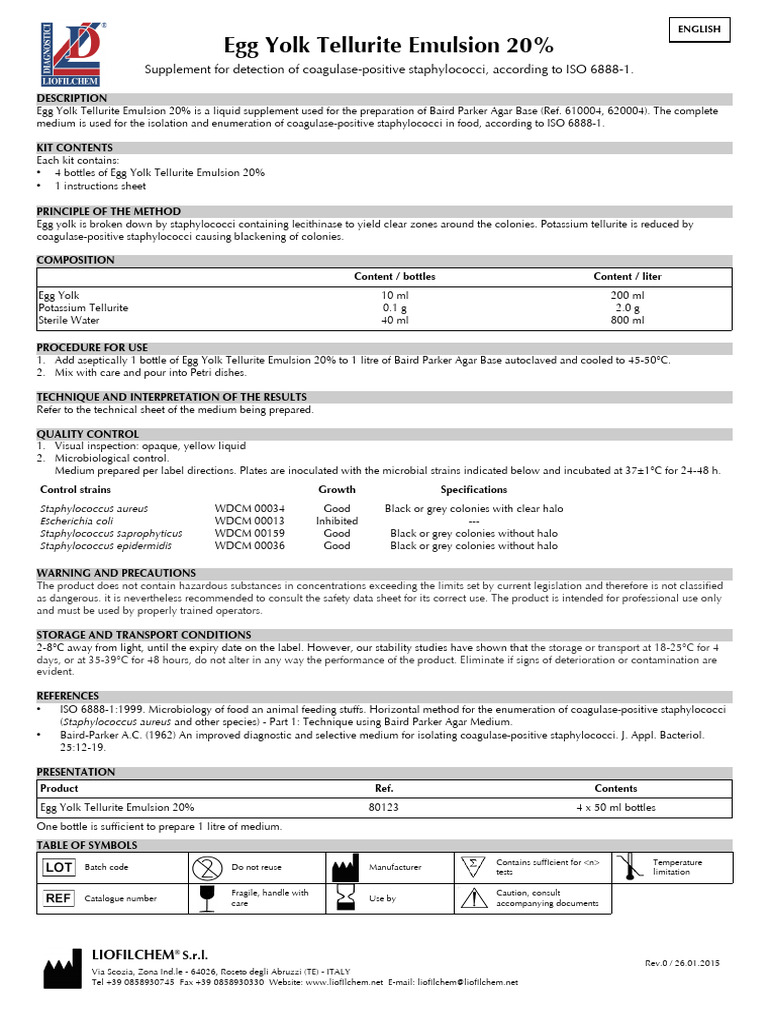 PI Egg Yolk Tellurite Emulsion 20% | PDF | Staphylococcus | Medical ...