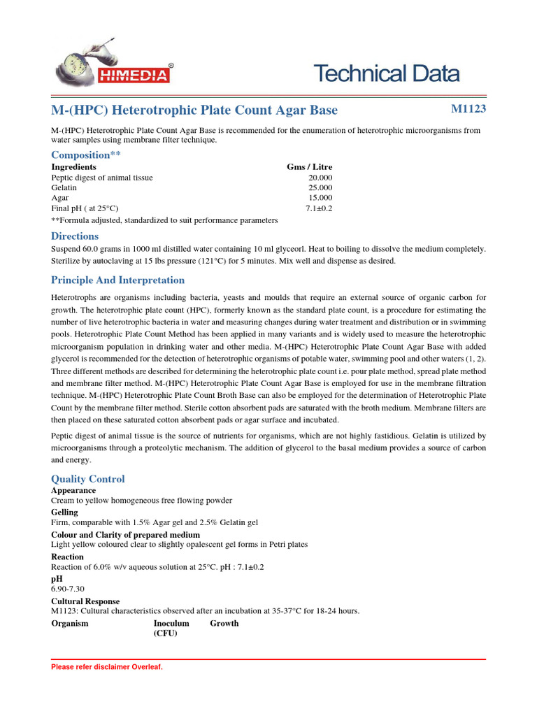 M - (HPC) Heterotrophic Plate Count Agar Base: Composition | PDF