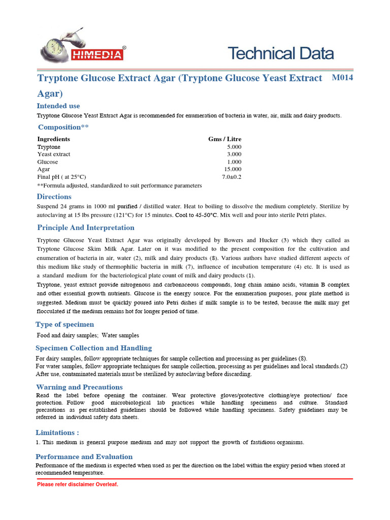 Tryptone Glucose Extract Agar (Tryptone Glucose Yeast | PDF