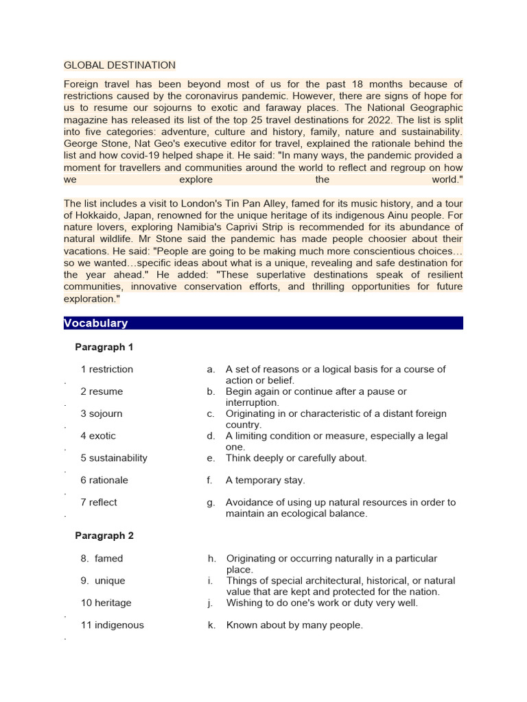 Global Destination-Reading Activity | PDF